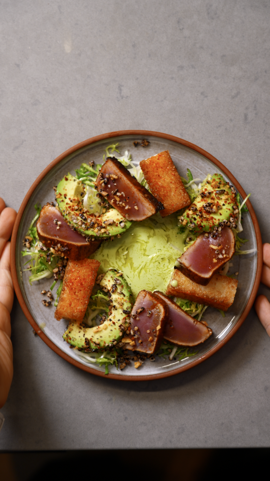 Seared Bluefin Tuna With Crispy Rice Cakes and Avocado Emulsion ...
